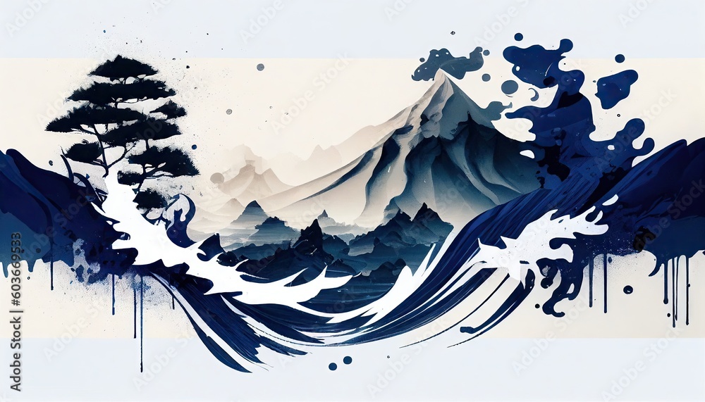 Japanese traditional Ukiyoe white and blue Waves in the distance are tranquil as Mt. Fuji ...