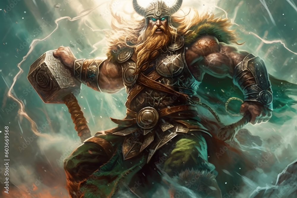 God Thor holds the hammer Mjelnir, a warrior with a sword, thunder and lightning, the battle of ...