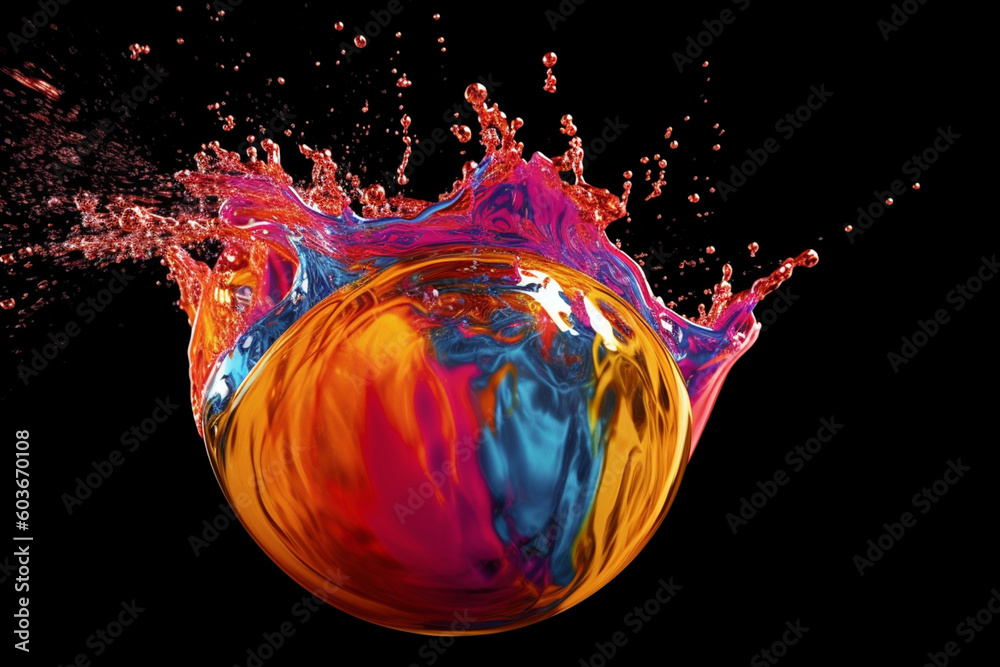 A close-up photograph of a bursting water balloon filled with colored ...