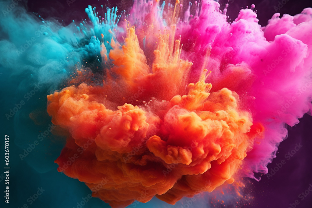 A macro photograph of colored powder being thrown into the air, with ...