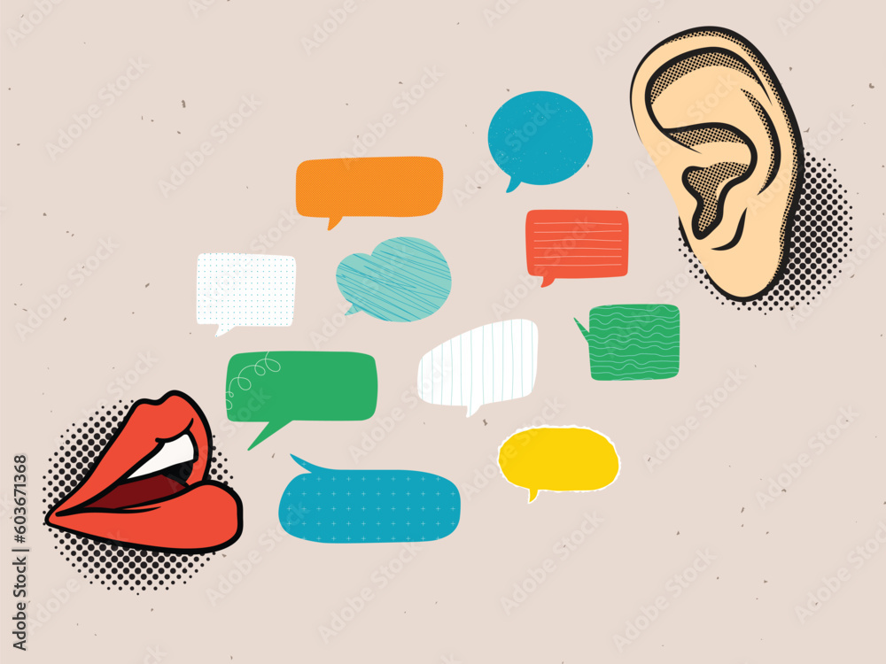 Communication concept - lips and ear. Speaking and listening. Vector ...