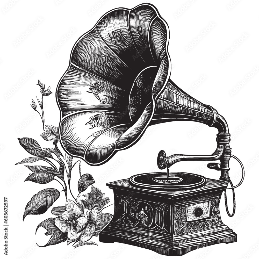 Hand Drawn Engraving Pen and Ink Gramophone Vintage Vector Illustration ...