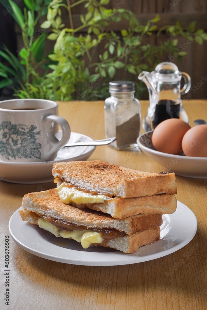 Kaya toast butter. Traditional oriental and vintage kopitiam breakfast ...