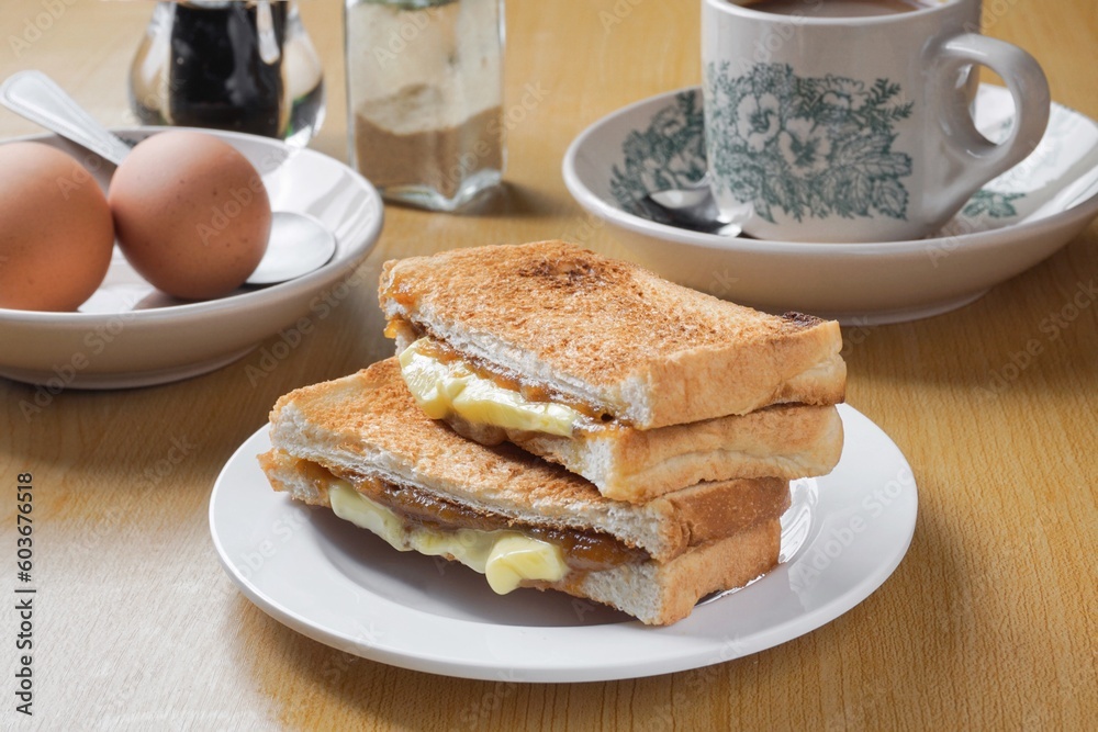 Kaya toast butter. Traditional oriental and vintage kopitiam breakfast ...
