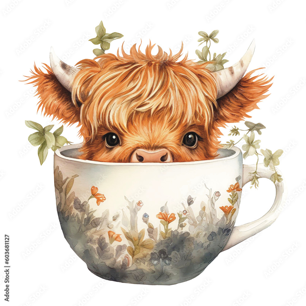 Baby Highland Cow in Tea Cup Watercolor Clipart, made with generative ...