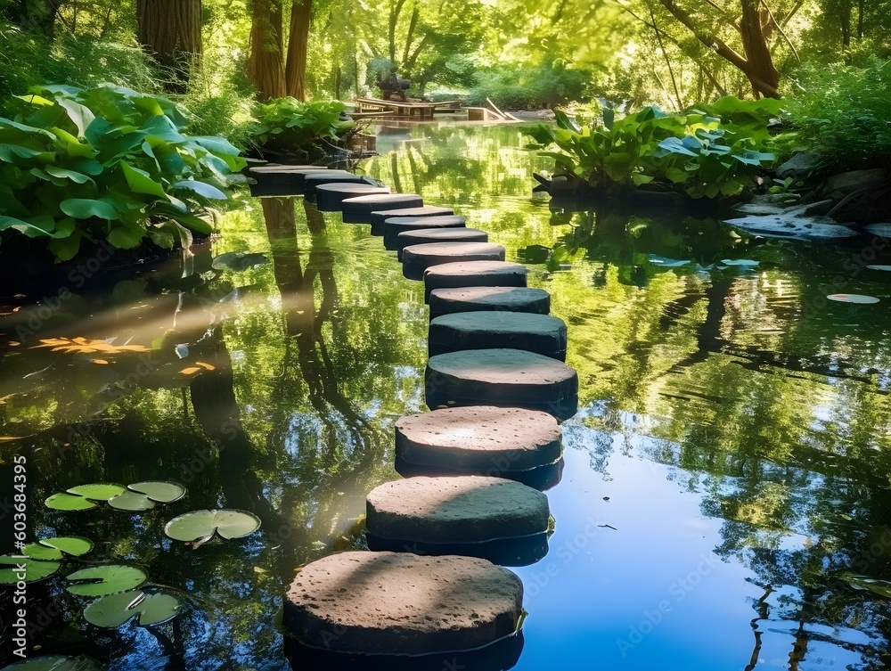 Stepping stones leading across a tranquil pond, symbolizing personal ...