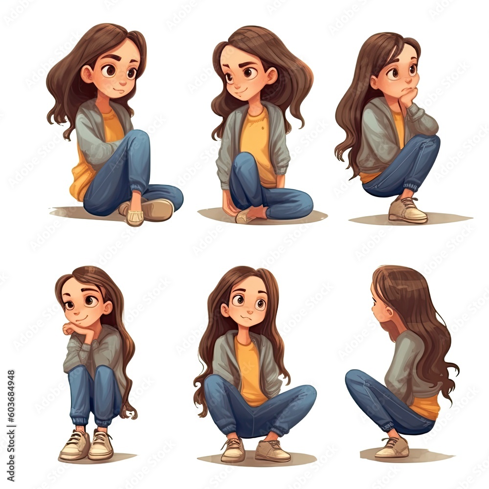 Teen girl character, multiple poses and expressions, collection ...
