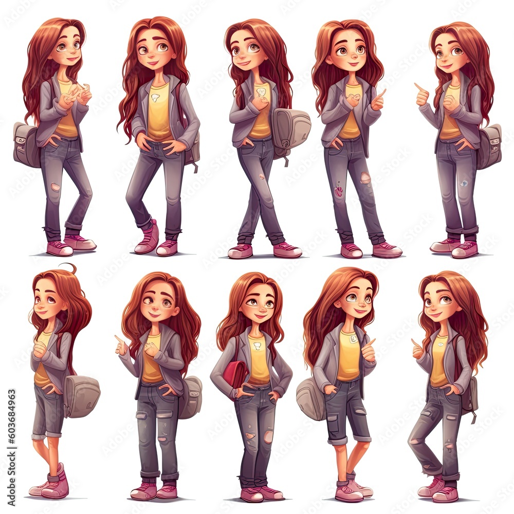 Teen girl character, multiple poses and expressions, collection ...