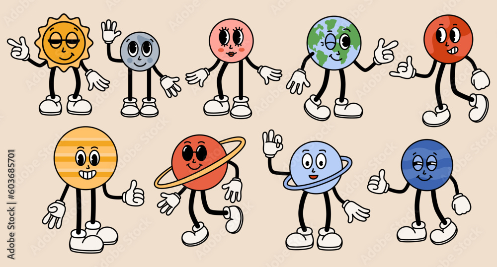 Funny cartoon planets of solar system characters. Mercury, Venus, Earth ...