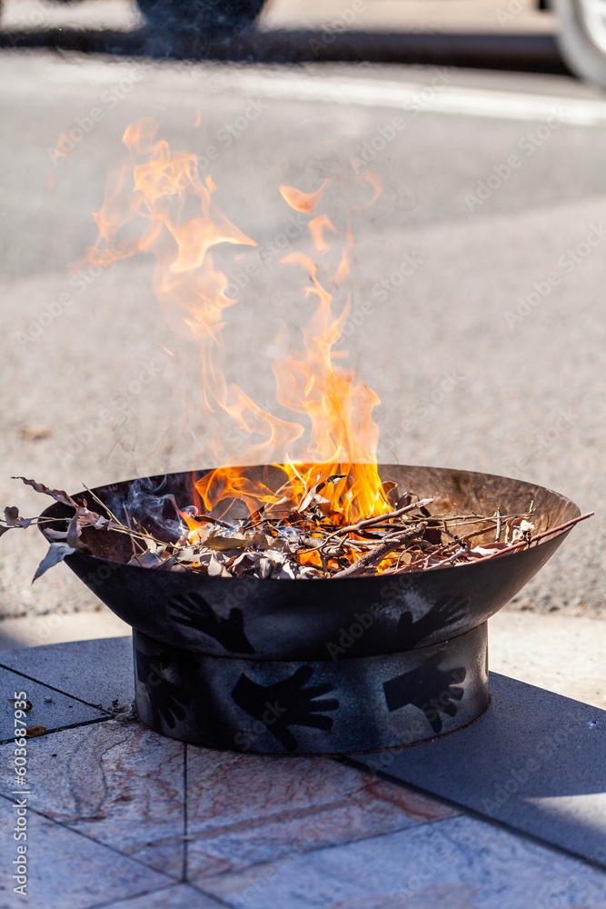 First Nations australian fire pit ready for smoking ceremony at parade ...