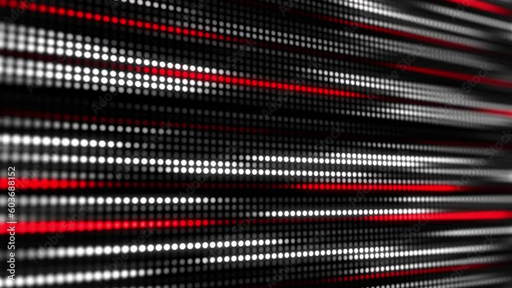 Grid of red, white and black glowing pixel dots. Effect of movement ...