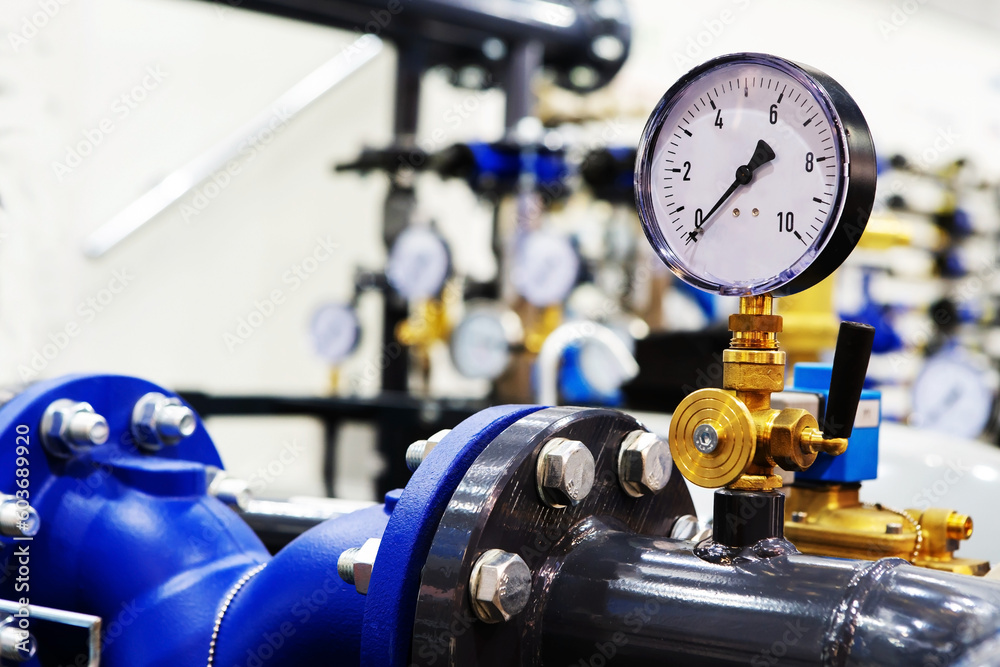 Pressure sensor on an industrial pipeline. Stopping the water supply in ...