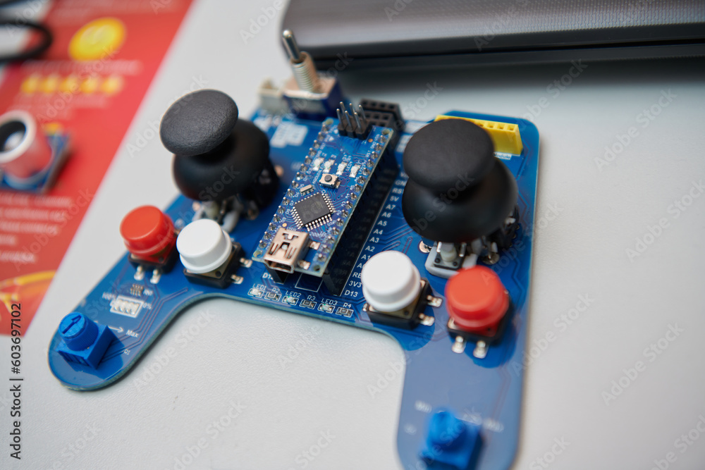 Disassembled joystick for control on the laboratory table ready to be ...