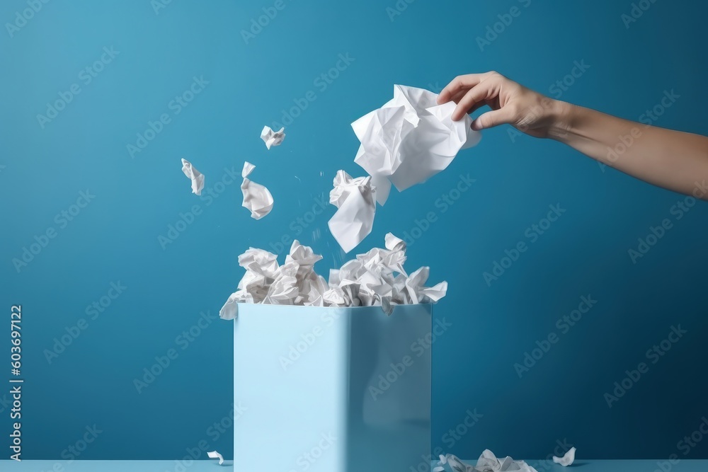 Hand throwing crumpled paper into recycle bin, blue background, digital ...