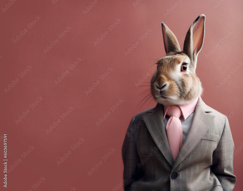 An anthropomorphic Easter bunny rabbit in a gray suit and pink tie ...