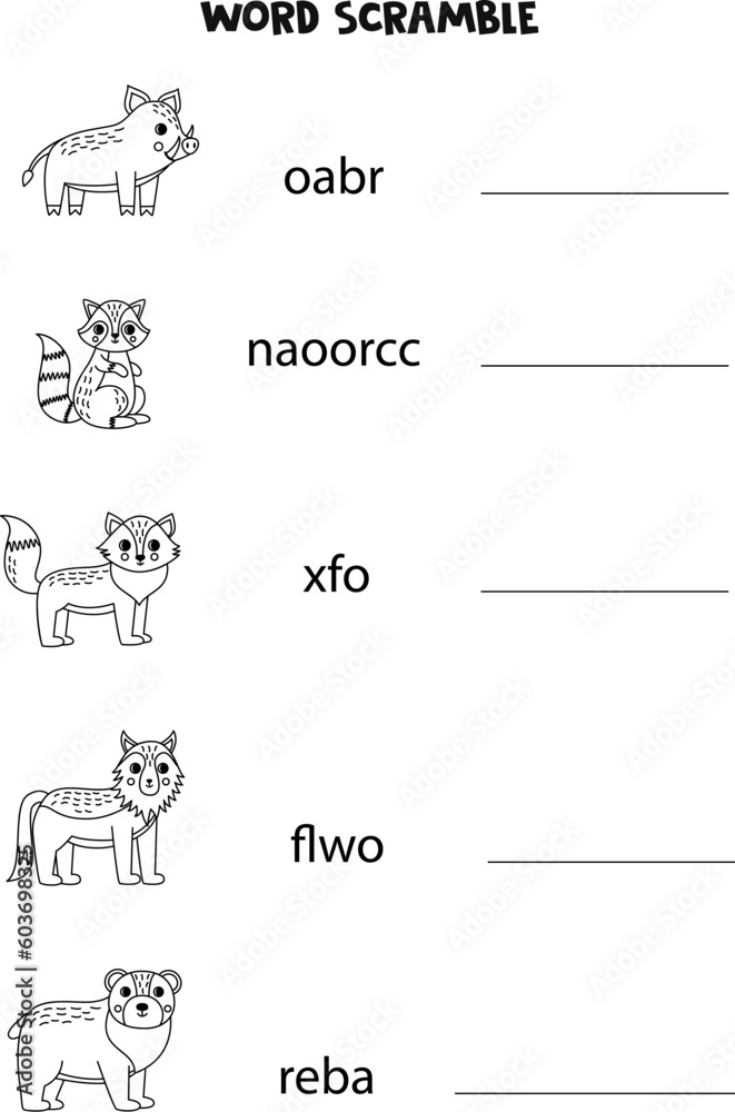 Puzzle for kids. Word scramble for children. Black and white woodland ...