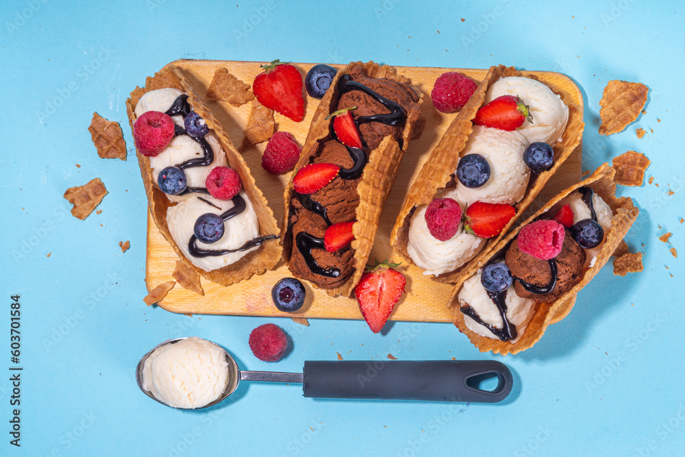 Various sweet taco ice creams. Waffle taco shells with chocolate and ...