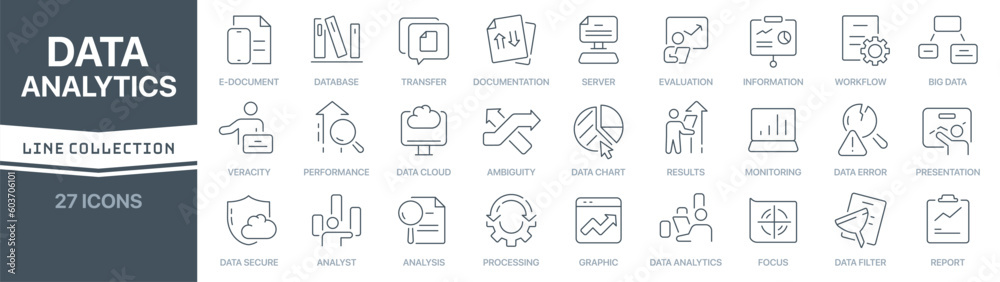 Data analytics linear signed icon collection. Signed thin line icons ...