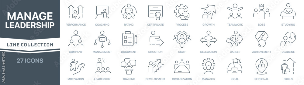 Manage and leadership linear signed icon collection. Signed thin line ...