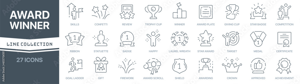 Award and winner linear signed icon collection. Signed thin line icons ...