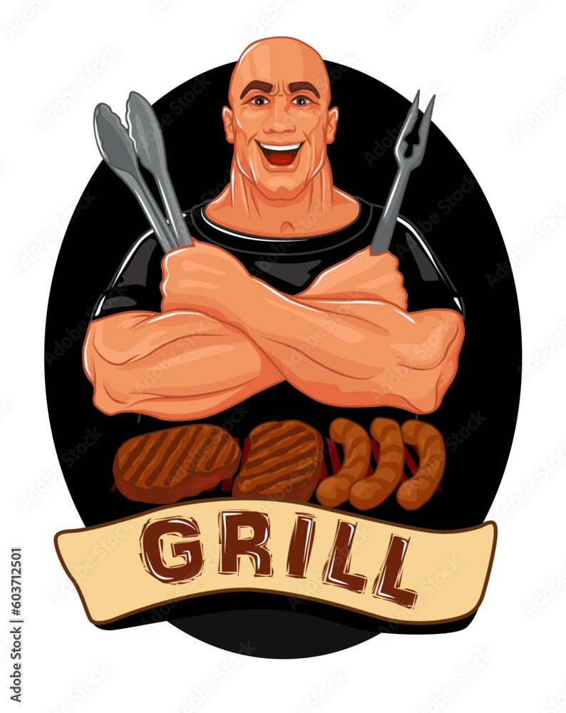 Template of Logo or Label Design with Muscular Man and Grill. BBQ ...
