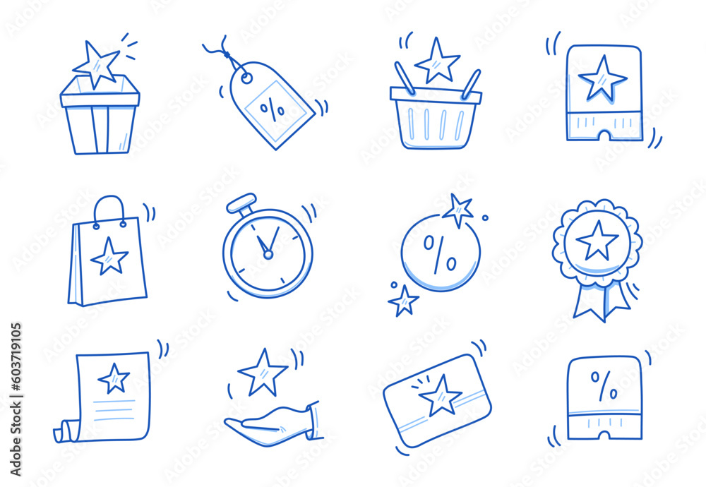 Doodle gift, discount coupon icon set. Hand drawn sketch style bonus ...