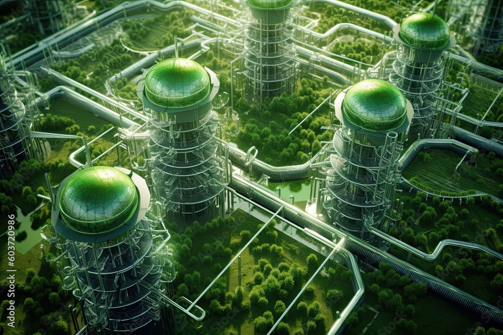 aerial view of factory of futuristic bioenergy power plant. bioreactors ...