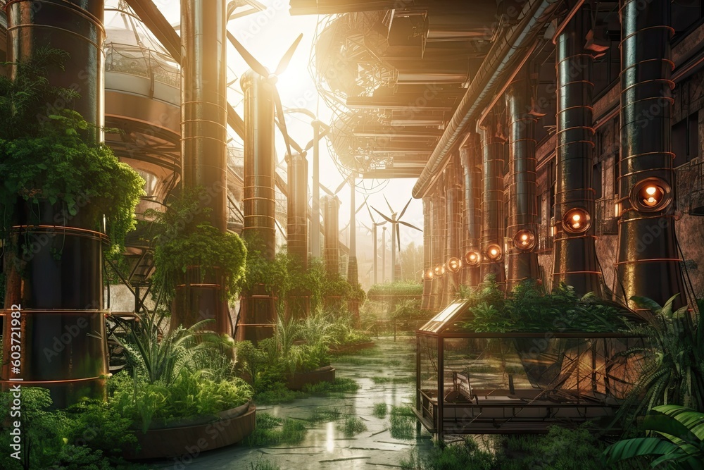 inside a futuristic steampunk bioenergy power plant with solar energy ...
