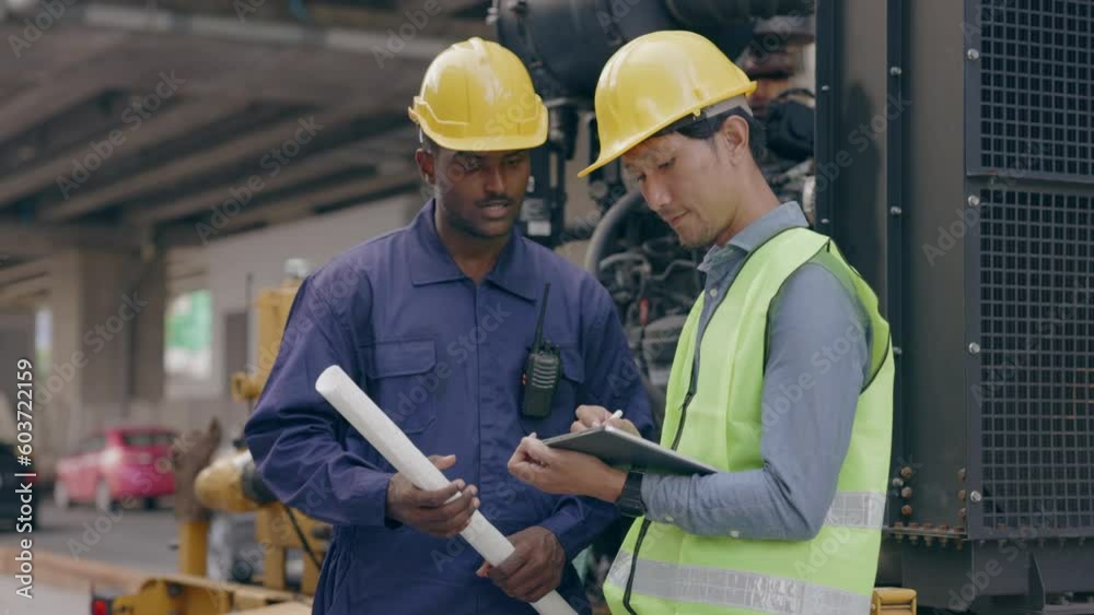 Structural engineers and construction workers are holding blueprints ...