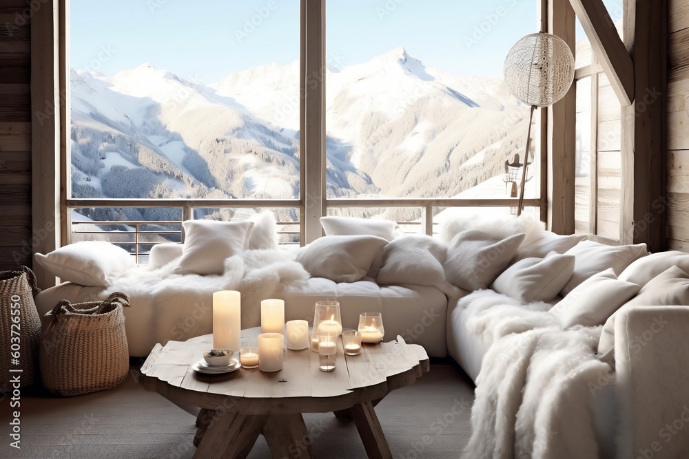 Modern, luxurious alpine style living room with big windows with ...