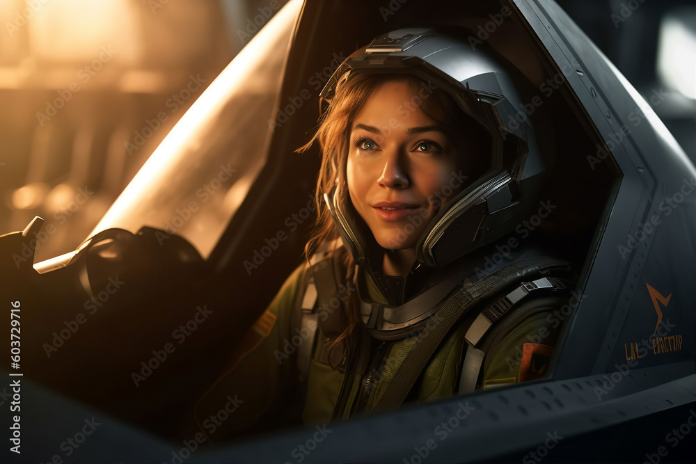 Astronaut woman in cockpit of spaceship. Future sci-fi, science fiction ...