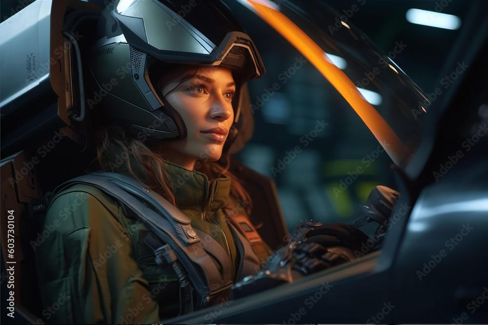 Astronaut woman in cockpit of spaceship. Future sci-fi, science fiction ...