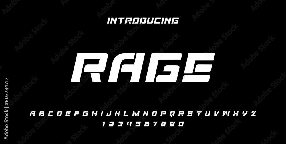 RAGE, Sports minimal tech font letter set. Luxury vector typeface for ...