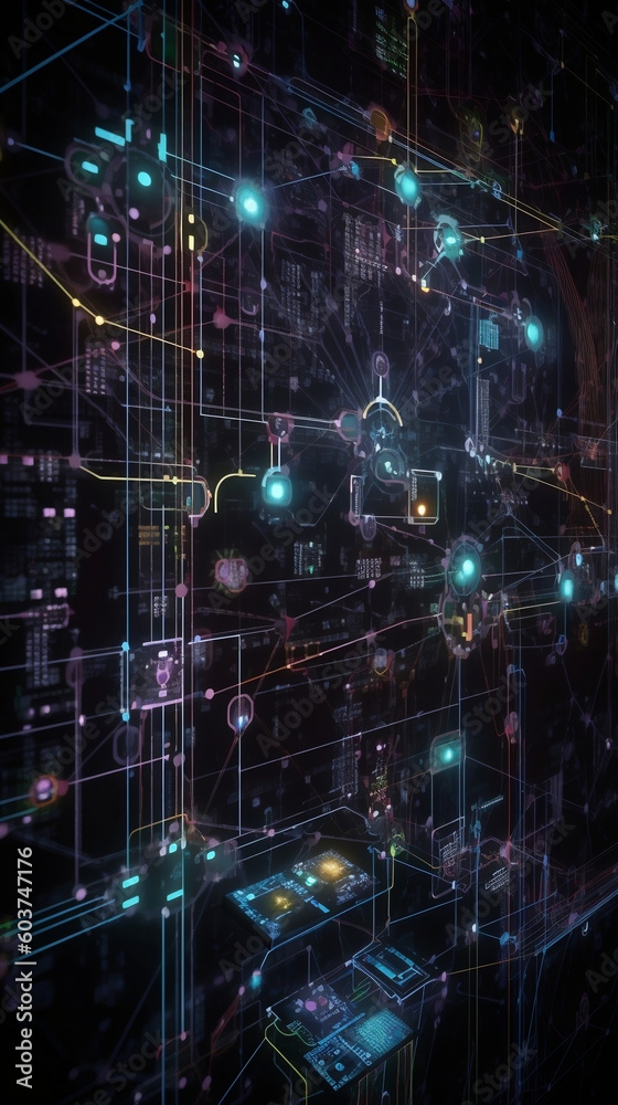 Complex network of interconnected nodes, abstract digital backend infrastructure, code snippets ...