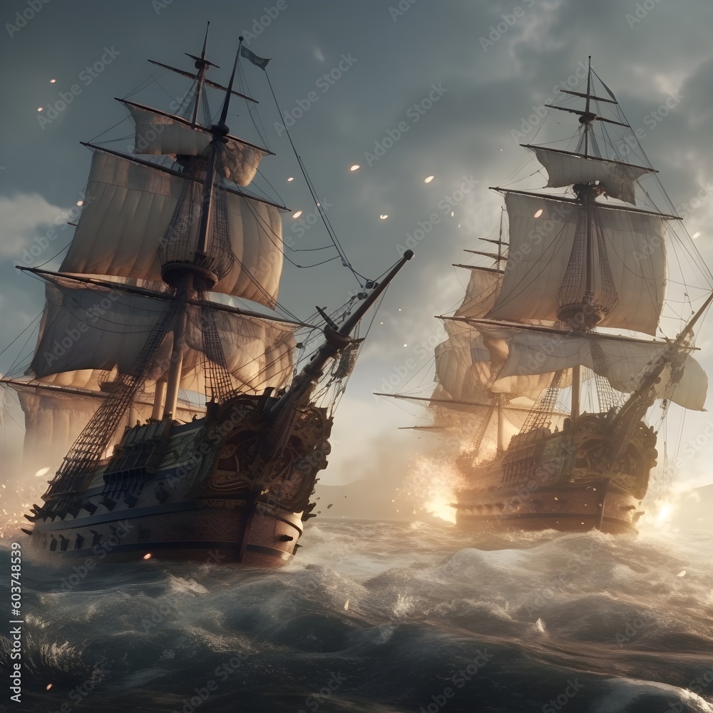 two 16th century ships attacking each other, cannons firing, damaged ...