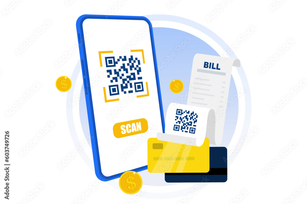 Plakát Vector flat render smartphone scans QR code from paper bill ...