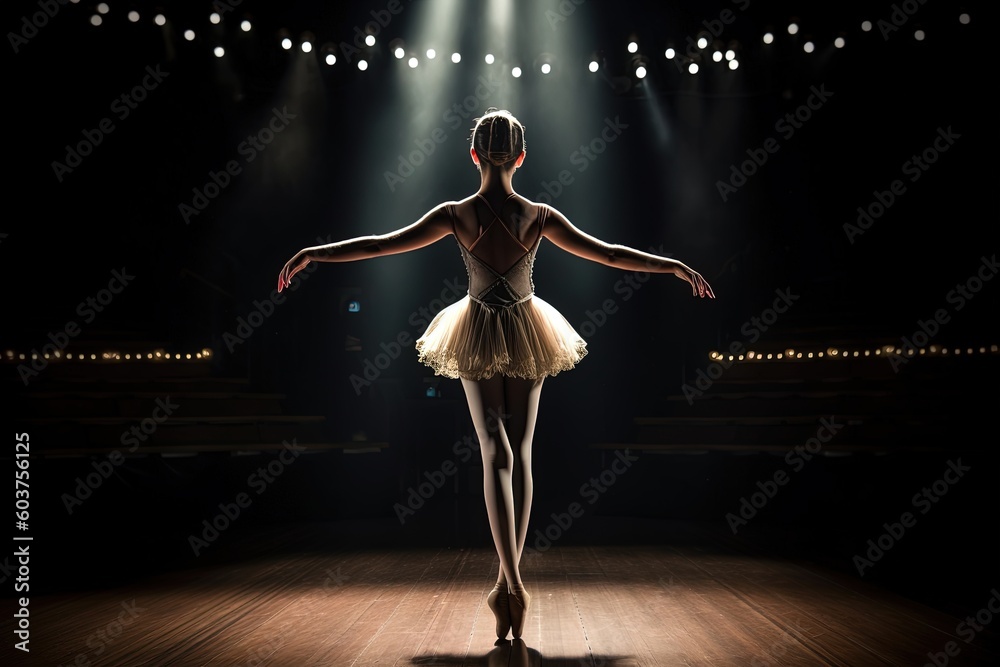 Back view of young ballerina in tutu dancing on stage with spotlights ...