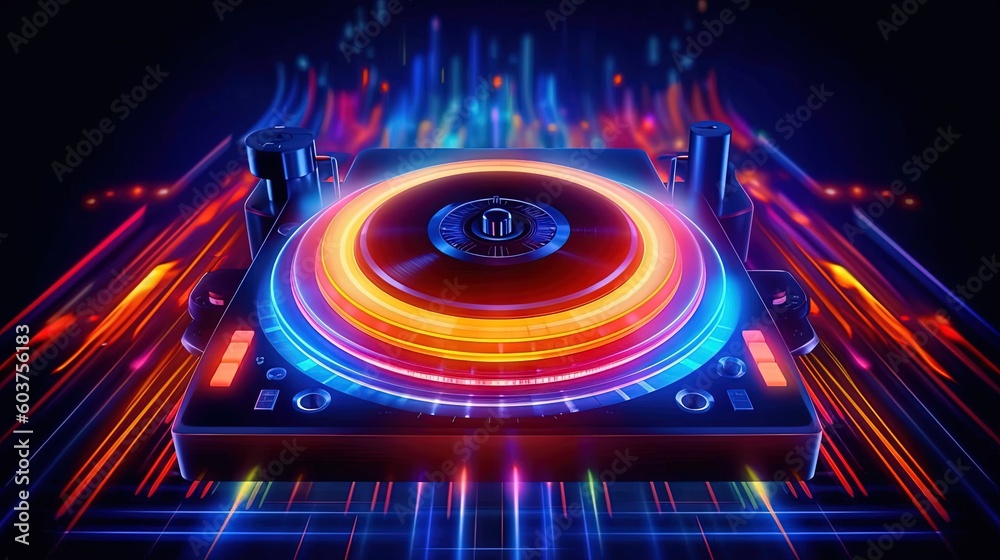 a dj turntable with neon lights on a black background with a blue and ...