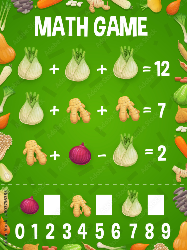 Math game worksheet, cartoon ginger and onion vegetables, vector ...