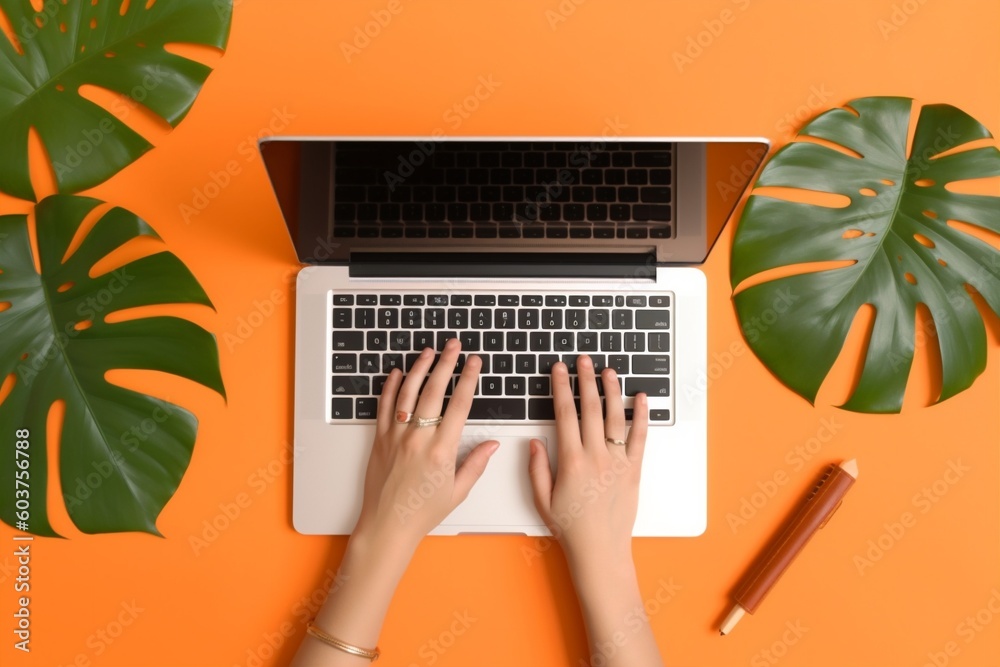 leaf office orange laptop background hand palm keyboard computer ...