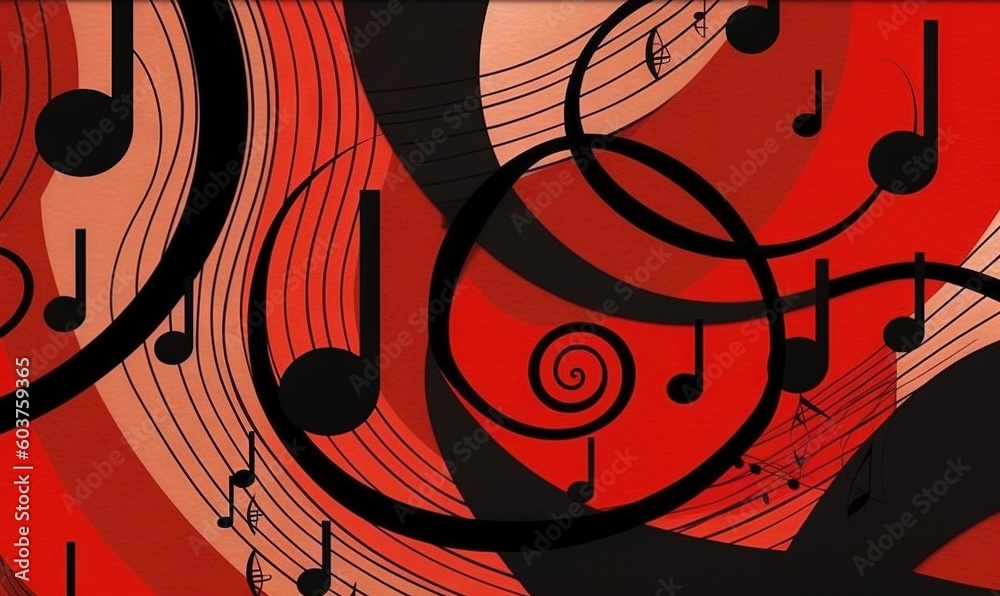 a red and black abstract background with musical notes and treble clefs ...