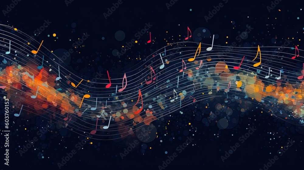 an abstract music background with musical notes and notes on a dark ...