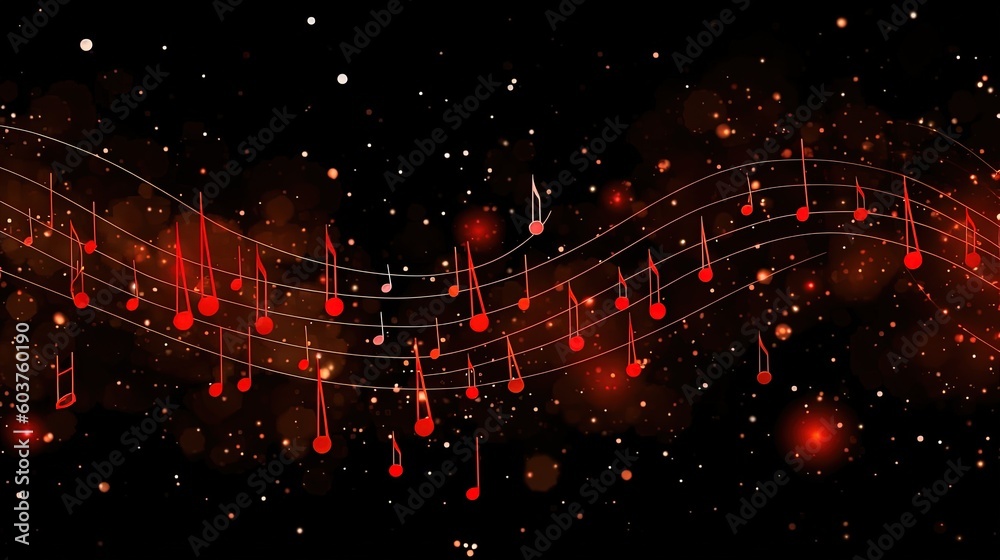 a musical note with red dots on a black background with red lights and ...