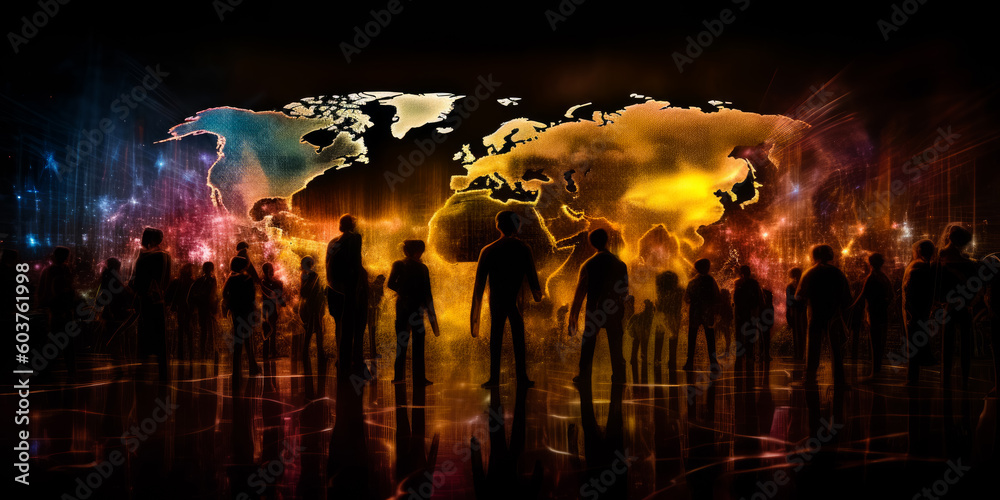 Human silhouettes stand on the shiny floor. People look at the world ...