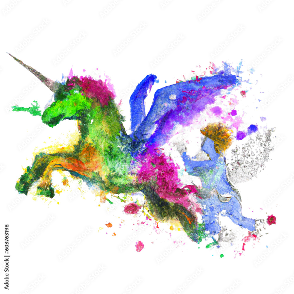Poster Fantasy Color Splash Green Unicorn With A Blue Baby Angel Cherub ...