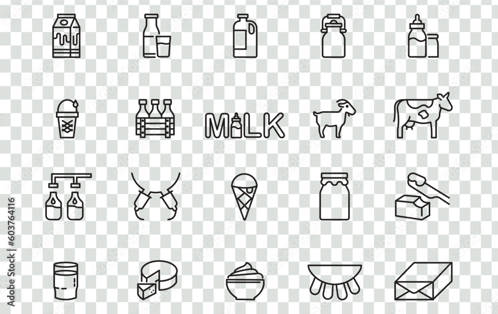 Milk, dairy products, icon set. Signs Black Thin Line Icon Set. Vector ...