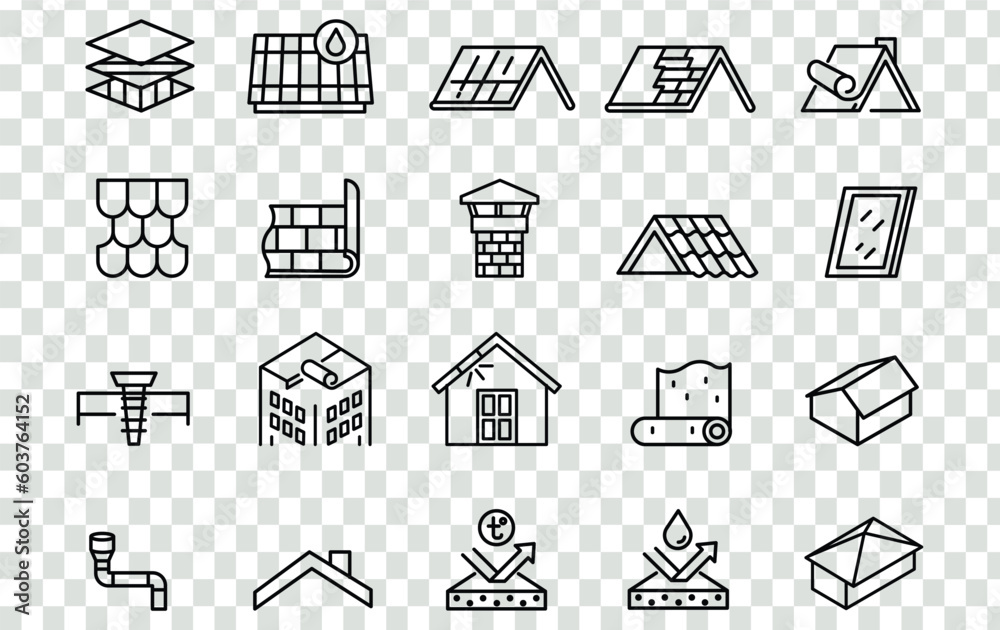 Roof icons set. housetop construction materials, waterproofing icon set. Outline set of roof ...