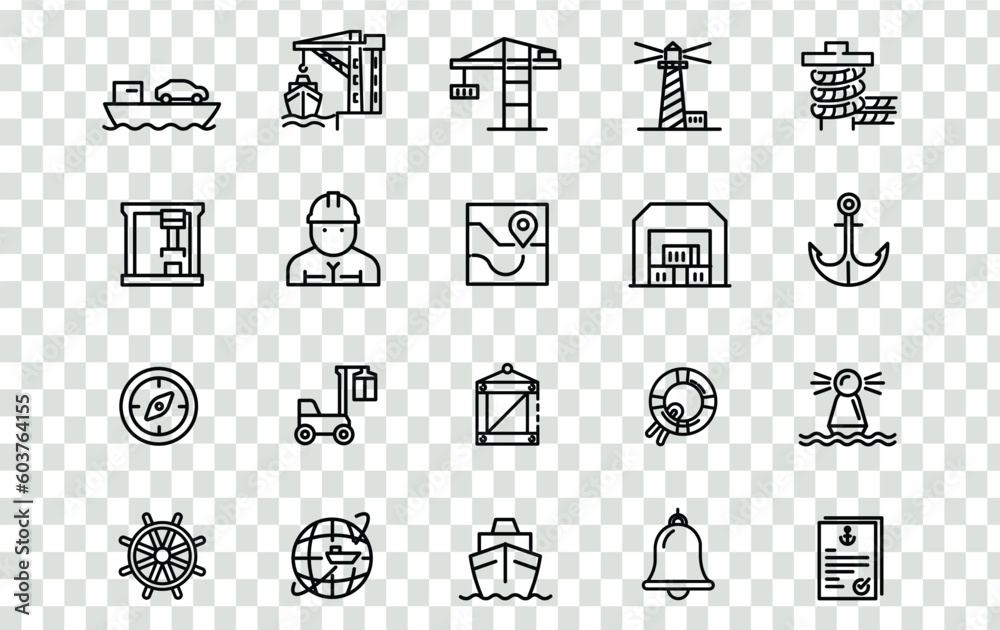 Seaport, icon set. Outline set of marine port vector icons for web ...
