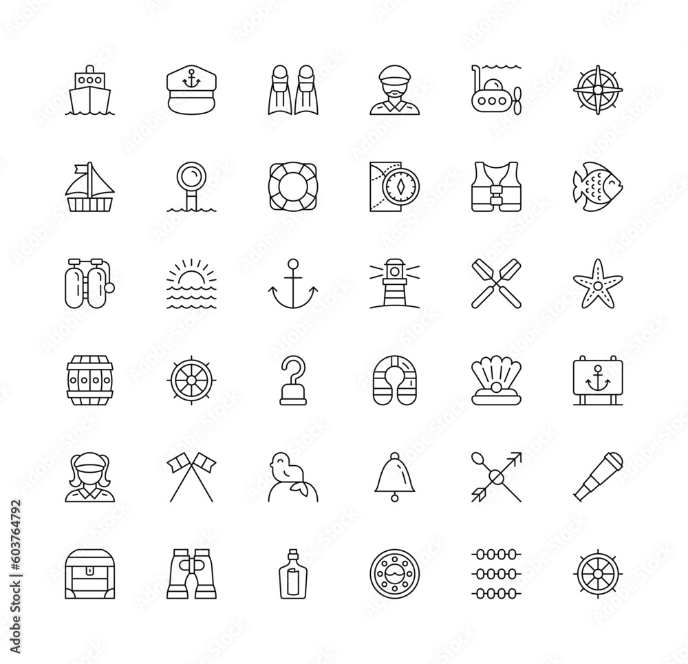 Marine thin line icon set. Outline web sign kit of nautical. Sea linear ...
