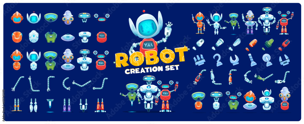 Robot Creation Kit Cartoon Character Constructor And Animation Asset Vector Set Of Editable